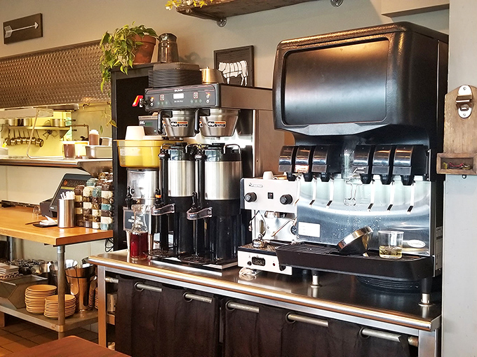 The coffee and beverage station stands ready like a well-organized backstage area, where liquid supporting characters prepare to complement the main acts.