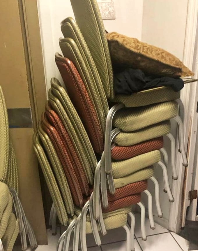 A stack of folding chairs that have witnessed everything from awkward Thanksgiving dinners to heated board game tournaments. Temporary seating with permanent character.