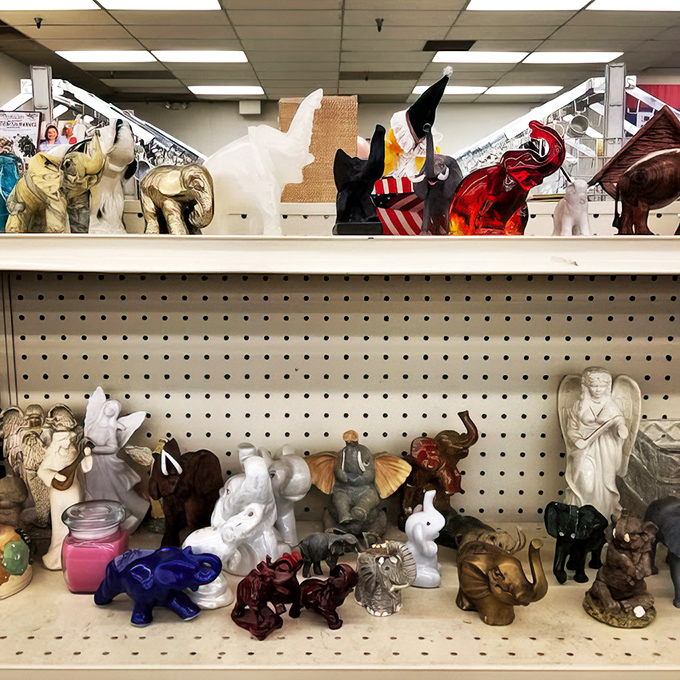 The elephant figurine convention is now in session. These porcelain pachyderms have traveled far to find new homes on your shelves.