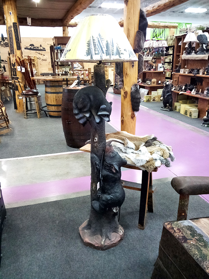 This whimsical bear lamp stands guard over rustic treasures, proving that woodland charm and practical lighting make surprisingly good roommates.
