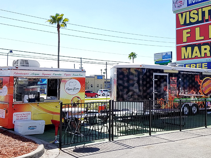Food truck fiesta! These mobile kitchens bring international flavors to hungry shoppers who've worked up an appetite hunting for deals.