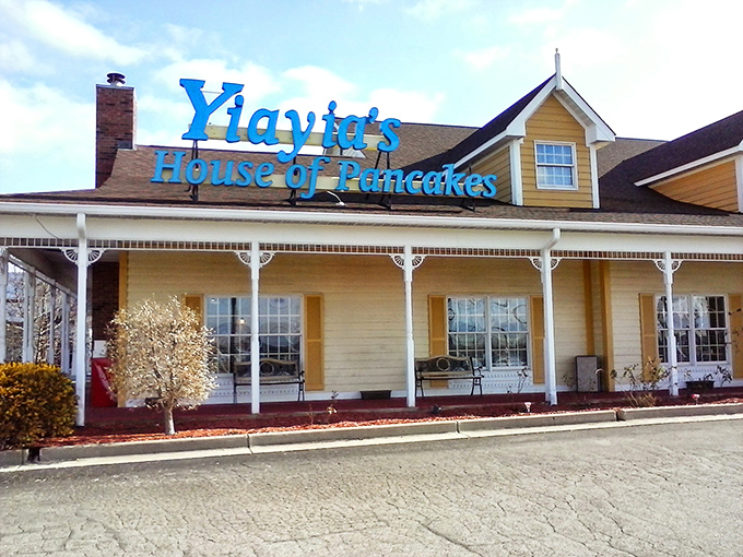 The blue Yiayia's sign stands out against the sky like a breakfast bat-signal, summoning the hungry from miles around.