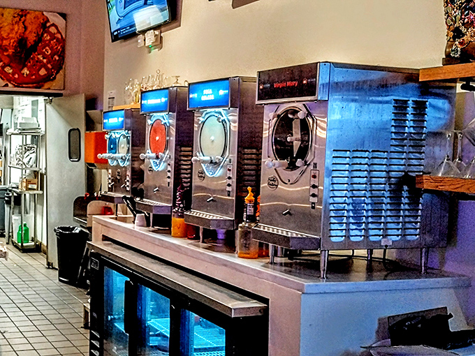 Those frozen drink machines aren't just appliances&mdash;they're happiness dispensers, churning out frosty companions for your seafood feast. Mechanical mixologists at work.