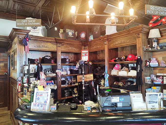 The gift shop corner—where "I just need directions" turns into "I definitely need that Route 66 bottle opener." Souvenirs that justify the detour.