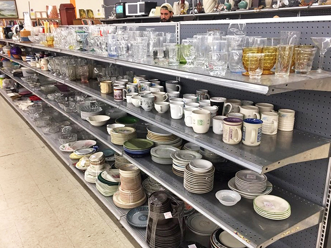 Glassware that's survived decades of dinner parties stands ready for yours. That amber-colored set is straight from someone's 1970s holiday table.