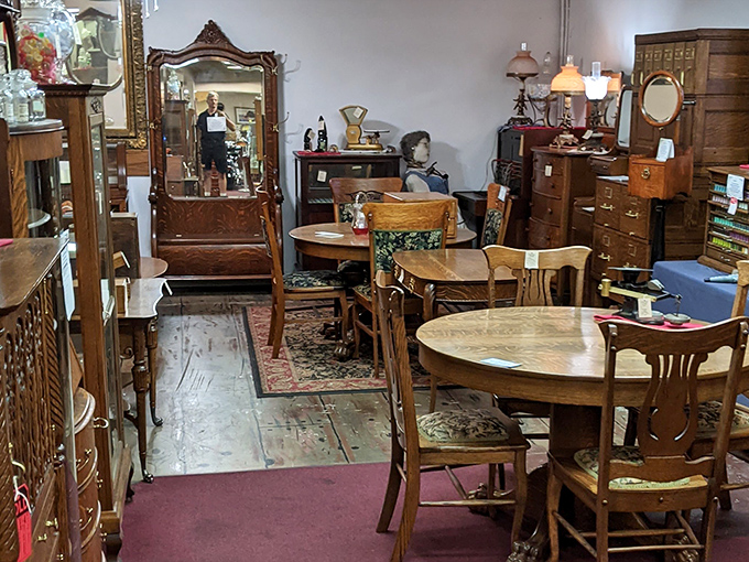 Dining sets that have hosted thousands of family dinners now wait for their next chapter. That mirror has reflected at least seven decades of fashion.