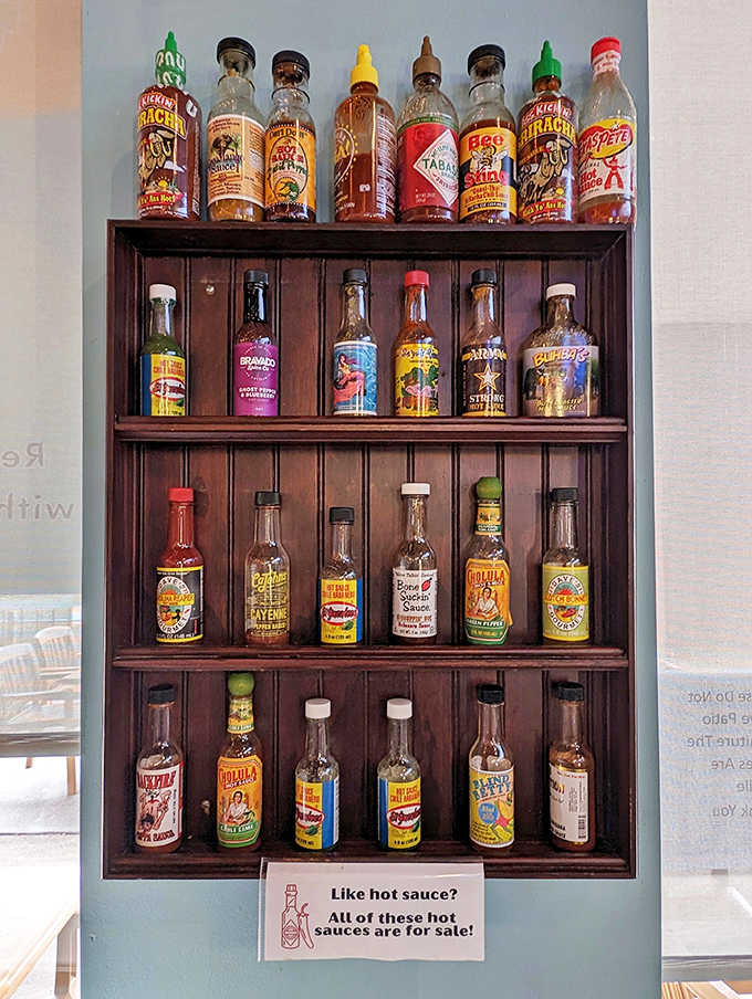 Hot sauce library! From mild to wild, this collection of liquid fire lets you customize your heat level with scientific precision.