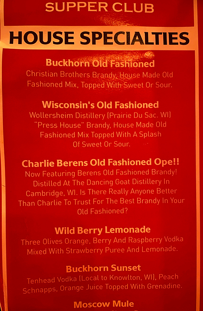 Not just drinks, but liquid Wisconsin heritage. When your cocktail menu reads like a local history book, you know you're in the right place.