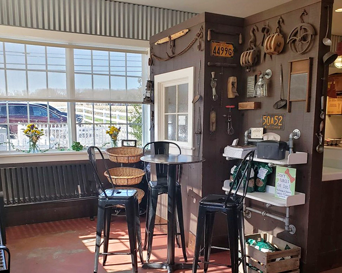 Farm-chic d&eacute;cor featuring vintage tools and license plates creates the perfect backdrop for your "I found paradise" selfie.