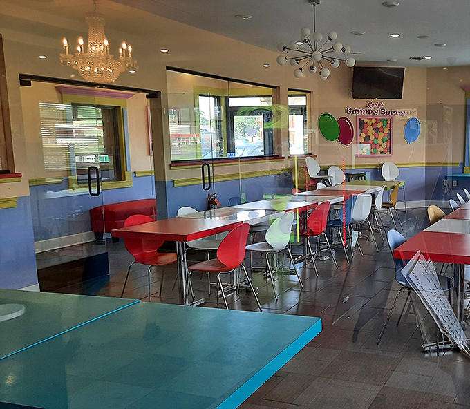 This cheerful space looks like what would happen if your favorite diner and a kindergarten classroom had an adorable baby.