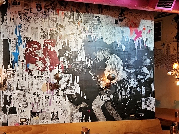 Rock concert posters meet fine dining in this wall art that says, "Yes, we're cool, but we're serious about our d&ouml;ner."