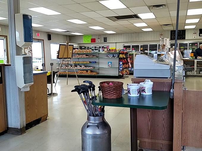 Old-school charm meets dairy necessity in this no-frills interior where milk jugs and ice cream dreams share equal billing.