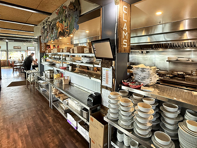 Where the magic happens&mdash;Sam's bustling kitchen with stacks of bowls ready for the next round of their famous chowder.