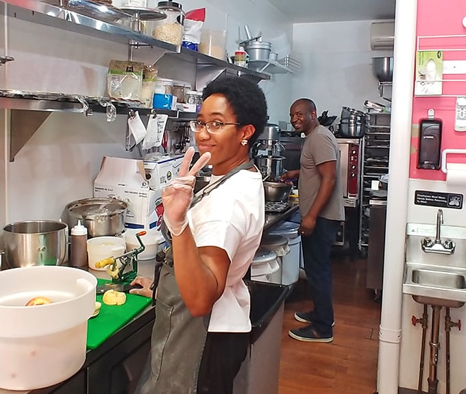 The magic happens in this compact kitchen, where ordinary ingredients transform into extraordinary treats through the alchemy of butter, sugar, and skill.