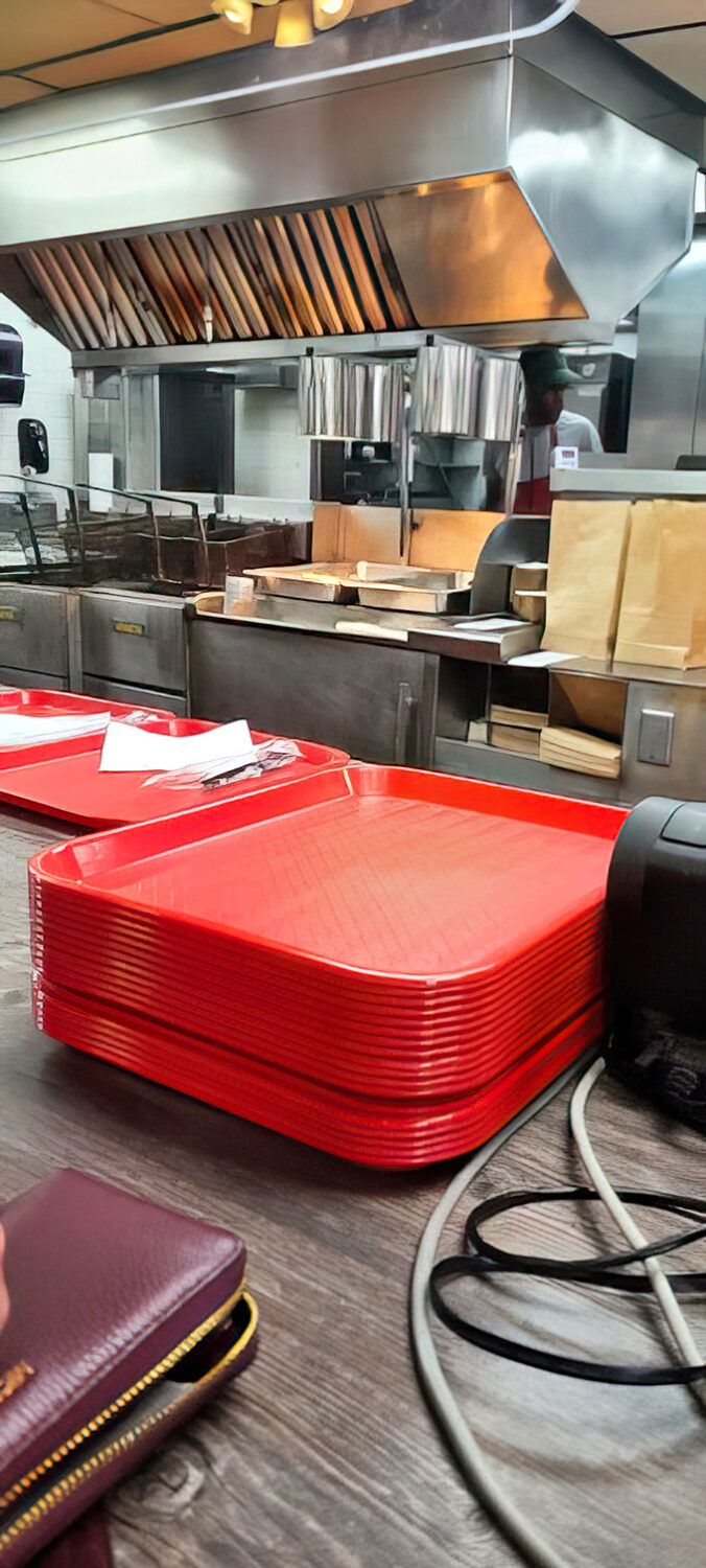 Behind the scenes, where the magic happens. Those red trays are about to carry happiness to hungry patrons.