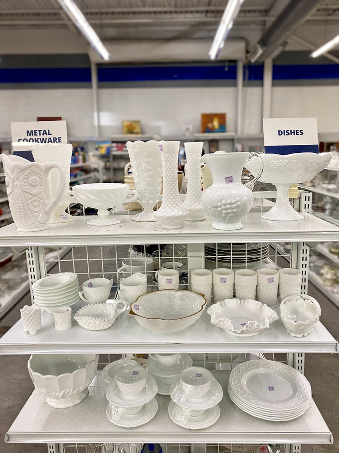 Milk glass collection that would make your grandmother swoon. These pristine white pieces are waiting to display your next batch of cookies.