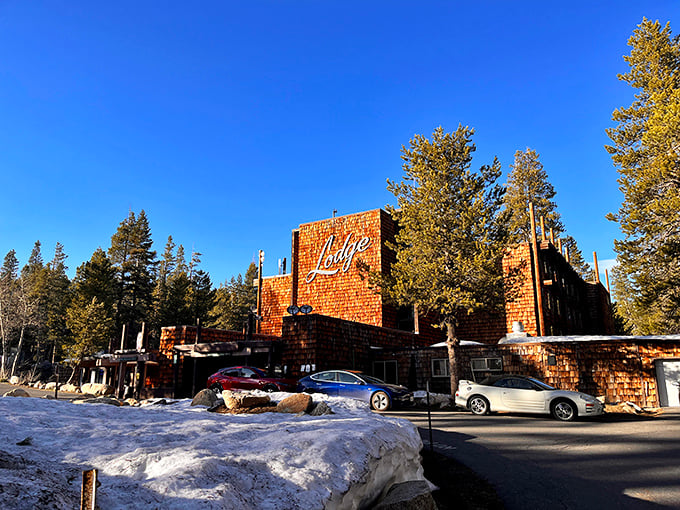 The Alpine Lodge stands as a cedar-shingled monument to mountain getaways. Its rustic charm has welcomed snow-dusted boots for generations.