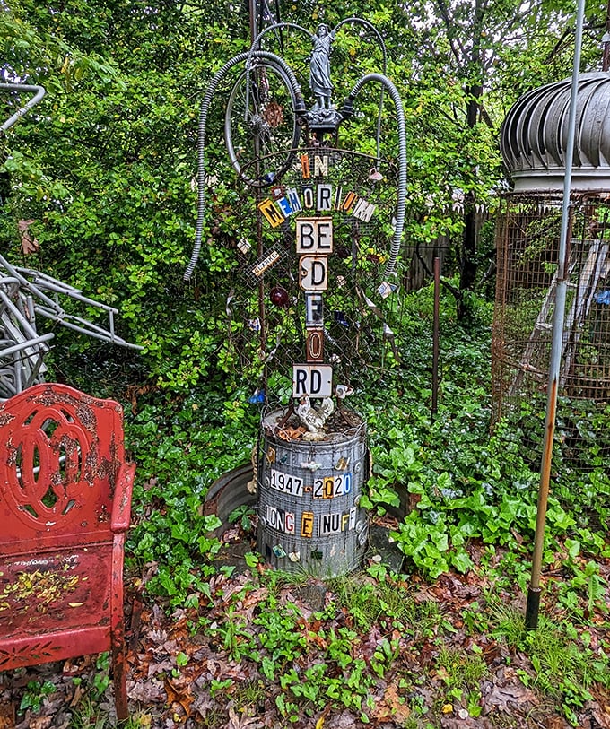 A touching memorial crafted from license plates and metal scraps. Even in a house of whimsy, there's room for poignant remembrance.