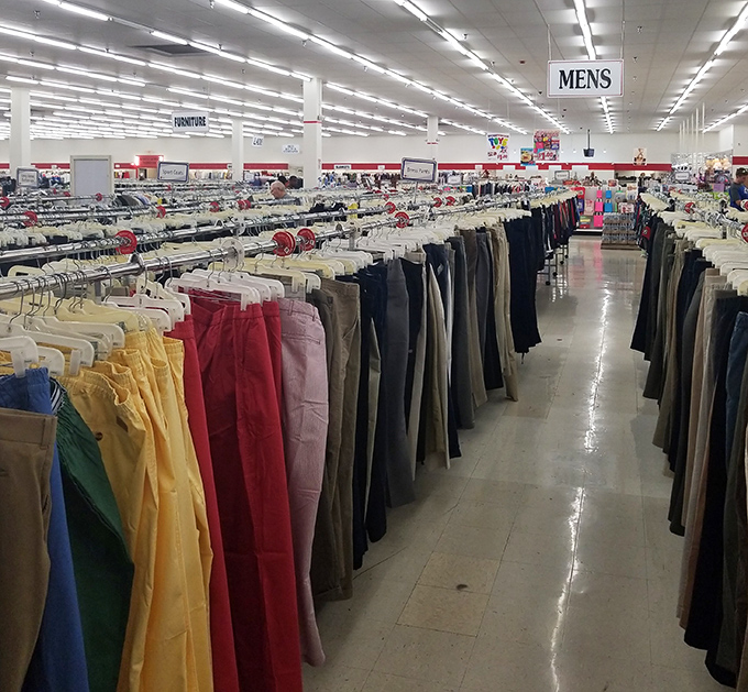 Men's pants, meticulously organized by color and size. Finding that perfect pair feels like winning a sartorial lottery.