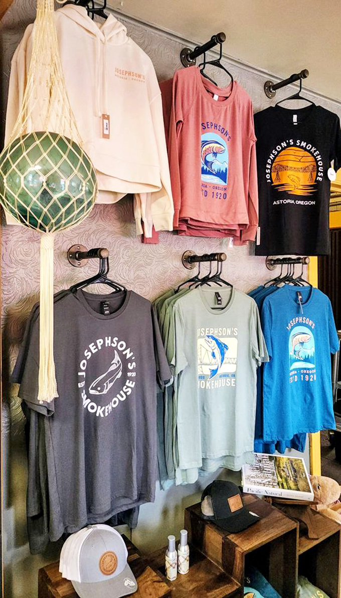 The merch wall &ndash; because sometimes you need a t-shirt to prove you made the pilgrimage to one of Oregon's seafood shrines.