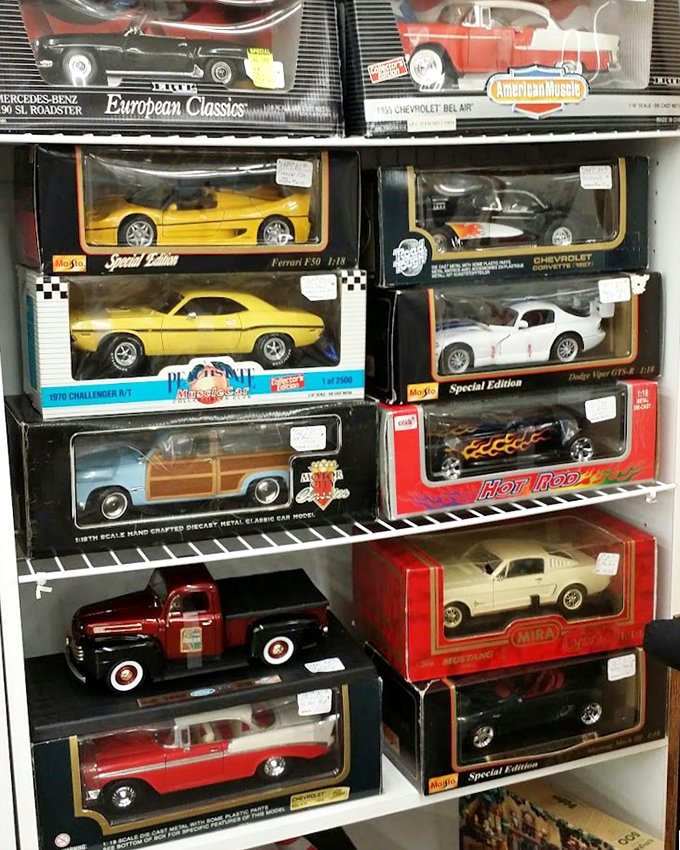 Miniature automotive dreams line these shelves. Each die-cast car represents some collector's first love or the one that got away.