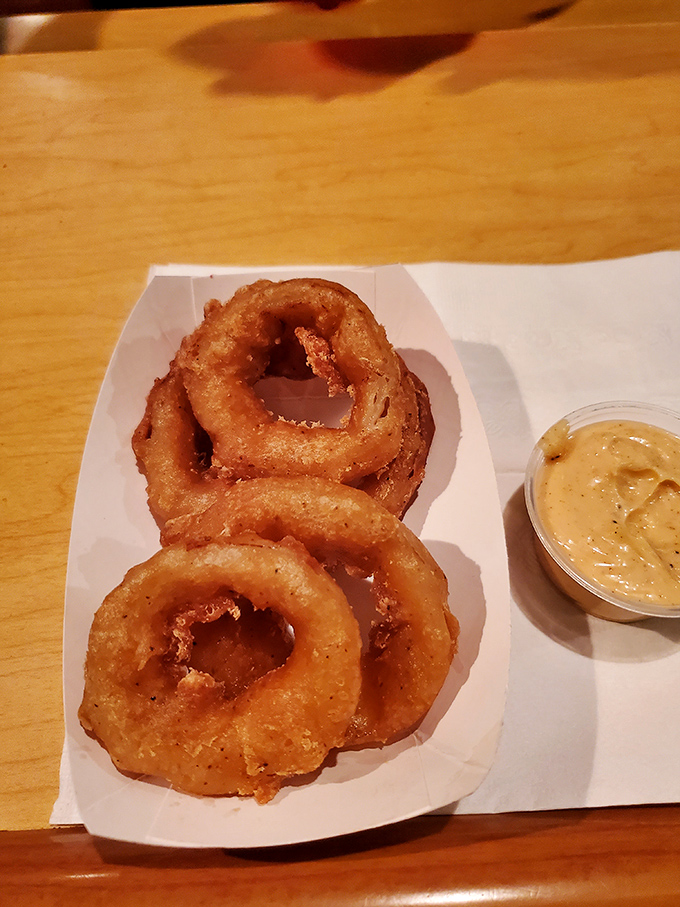 Golden onion rings with a side of dipping sauce &ndash; circular perfection that makes you wonder why squares get all the attention.