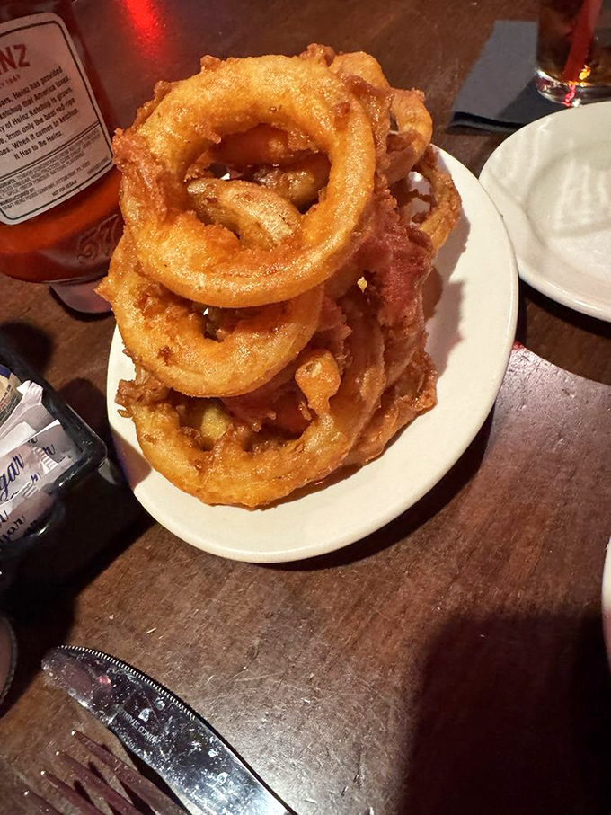 Onion rings stacked higher than my expectations. Golden, crispy, and demanding to be the center of attention. 