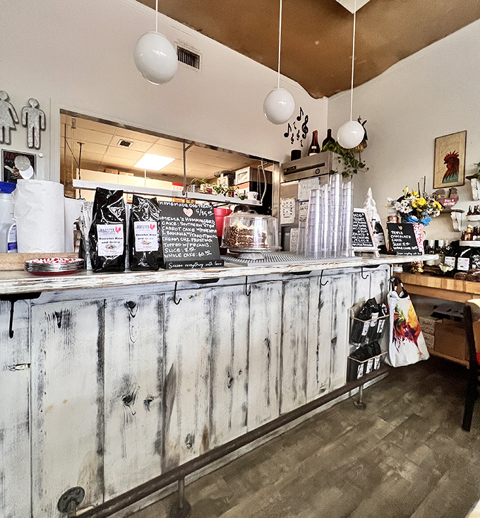 The weathered wood counter gives off farmhouse chic vibes, proving that breakfast tastes better when served with a side of rustic charm.