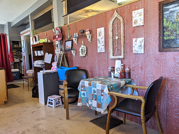 Eclectic interior touches add character to this barbecue joint. Like dining in someone's lovingly decorated country kitchen.