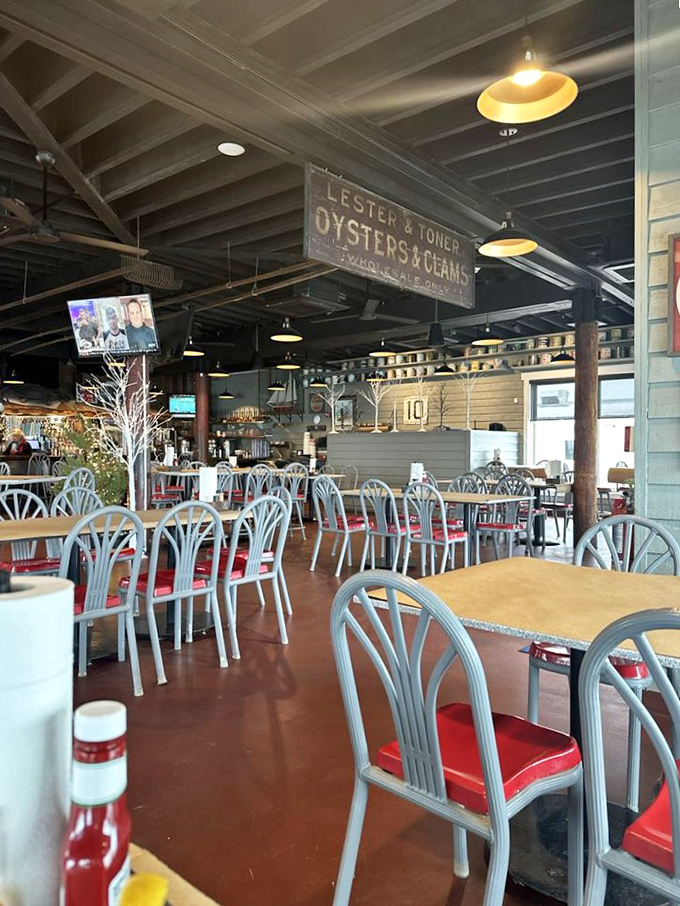 Dining room with a view and a story. Every weathered beam and nautical decoration speaks of Chesapeake traditions and countless happy meals.