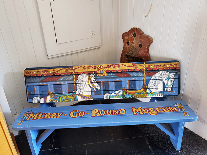 Even the benches get into the spirit here, proving there's no such thing as too much carousel enthusiasm.