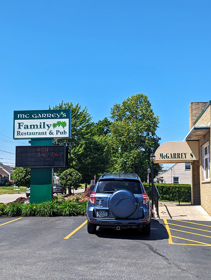 The sign proudly announces "Family Restaurant & Pub," promising something for everyone. Even your car looks excited to be here.