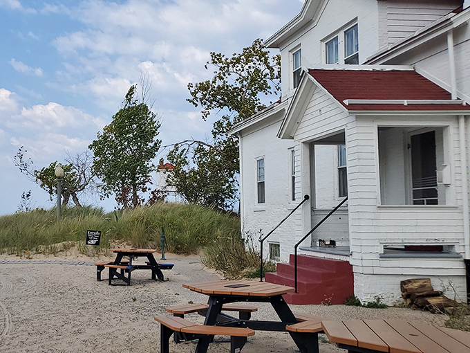 Picnic tables outside the keeper's quarters invite visitors to rest weary legs and contemplate life as a lighthouse keeper.