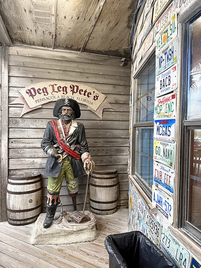 The namesake himself stands guard. If this pirate could talk, he'd tell you to order the oysters.