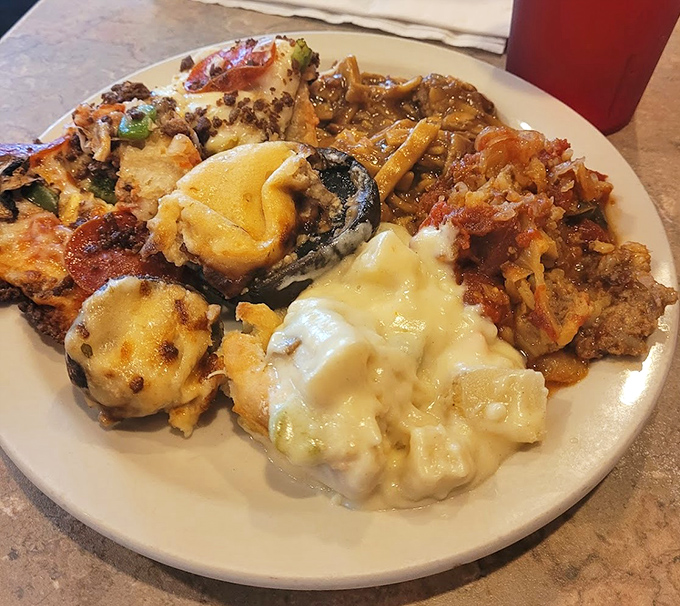 This buffet plate tells the story of someone who knows exactly what they're doing at lunchtime.