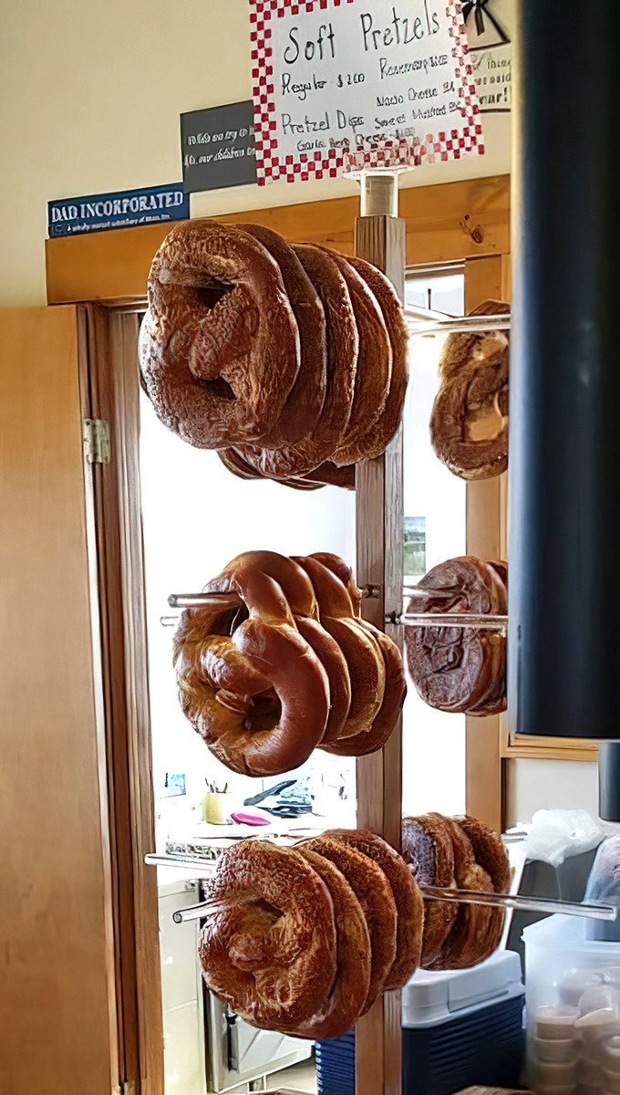 Soft pretzels hanging like edible ornaments, because sometimes presentation matters as much as taste does.