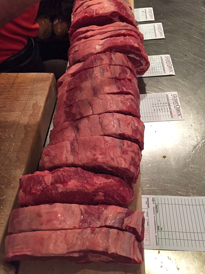 Behold the lineup of future happiness&mdash;each slice of prime beef awaiting its moment of glory on the grill.