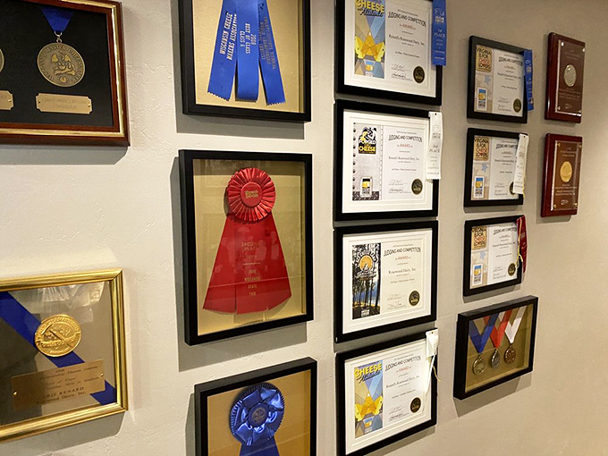 Wall of fame, hall of flavor. These awards aren't just decoration&mdash;they're testament to decades of cheese-making excellence. 