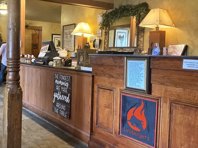 "The finest memories are made gathered around the table." Words to live by at a reception desk that welcomes you like an old friend.