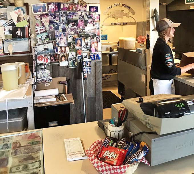 The register area doubles as a community bulletin board&mdash;a analog Facebook wall chronicling local life through decades of snapshots.