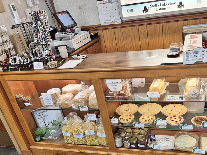 The checkout counter doubles as a showcase for homemade breads and pies. The display case is basically saying, "You know you want dessert for later."