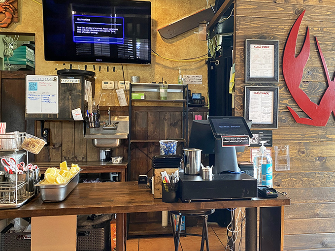 Where seafood dreams begin &ndash; the ordering counter adorned with the tools of the trade and that iconic red claw.
