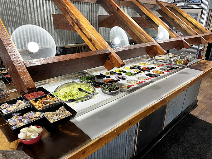 A salad bar that proves vegetables can hang with the cool kids at a barbecue joint. Fresh ingredients waiting to balance your meat-heavy conscience.
