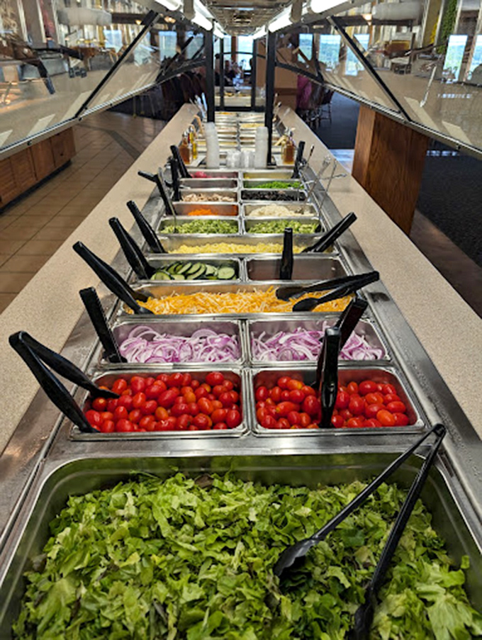 A salad bar that stretches toward the horizon, proving that "all-you-can-eat" can indeed include fresh vegetables.