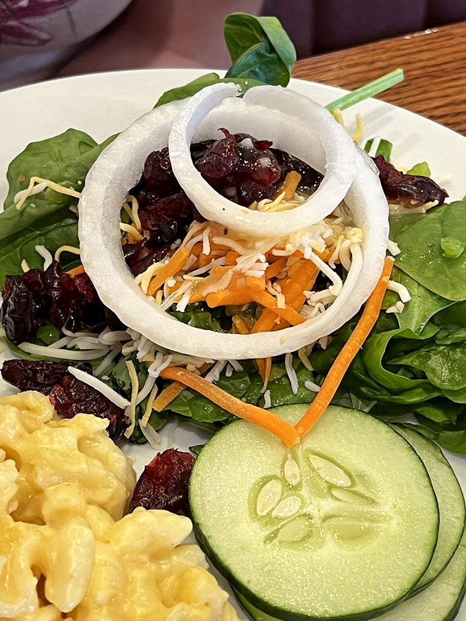 A salad that doesn't feel like punishment. Those cranberries and cheese transform ordinary greens into something worth putting down your phone for.