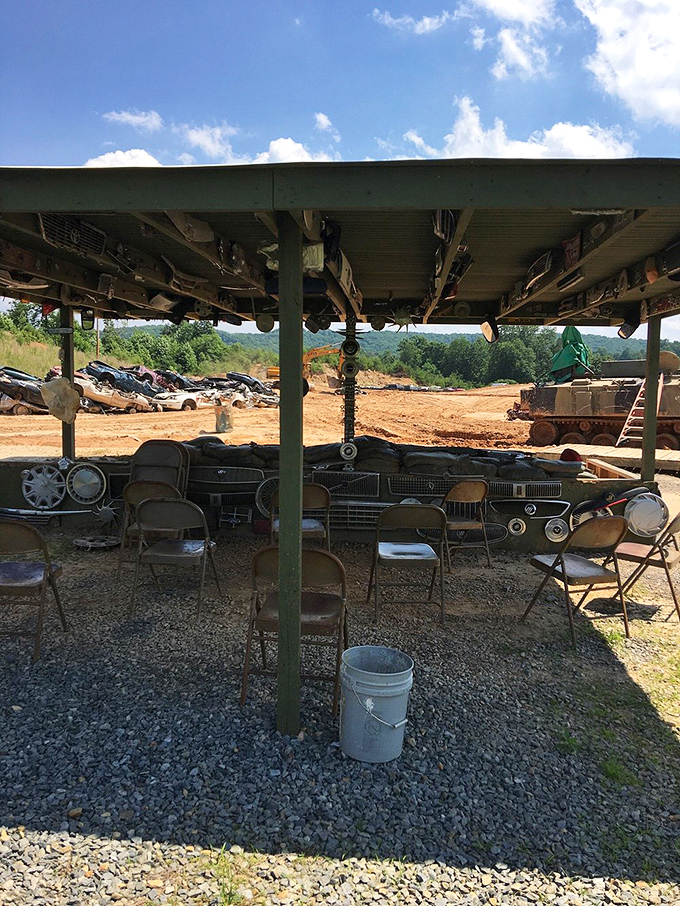 The world's most intimidating classroom awaits under this simple shelter. Those folding chairs have witnessed countless "I can't believe I'm doing this" moments.