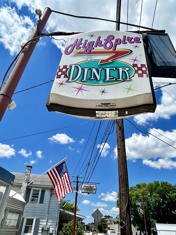 The retro sign against a blue Pennsylvania sky feels like a scene from a road trip movie where everyone finds themselves&mdash;and great pie.