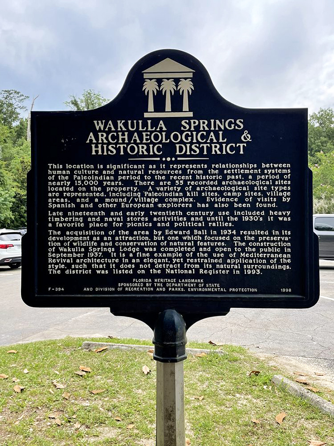 History etched in iron: this marker reveals Wakulla's 15,000-year human story, from Paleo-Indians to Edward Ball's visionary conservation efforts in 1934.