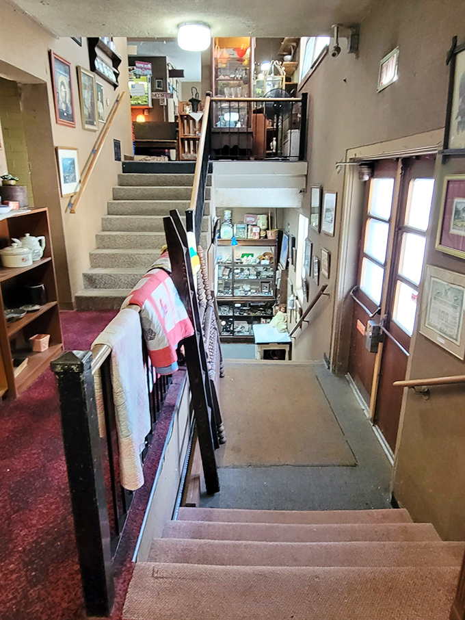 The stairway to antiquing heaven. Each step up promises new discoveries in this multi-level wonderland of vintage treasures.