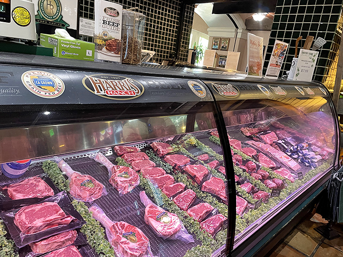 Meat heaven's display case&mdash;where steaks wait for their moment of glory. Like a jewelry store, but with significantly more protein.